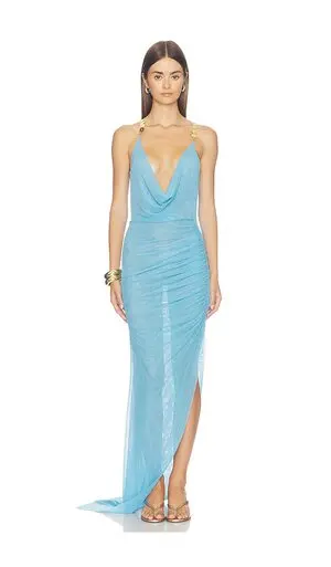 SIDERA Caelia Reversible Asymmetric Cowl Neck Dress In Baby Blue - Aqua