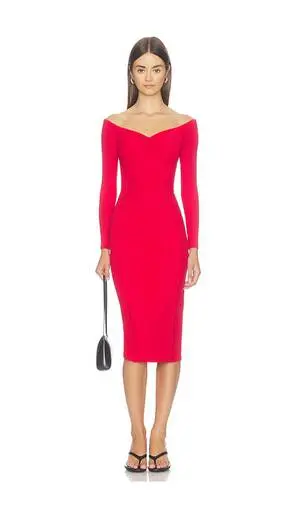 FLEUR DU MAL Off Shoulder Hourglass Rib Midi Dress In Red - Rouge