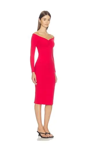 FLEUR DU MAL Off Shoulder Hourglass Rib Midi Dress In Red