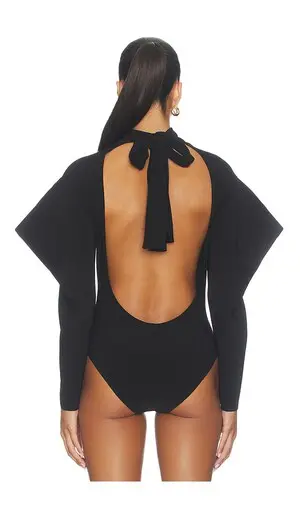 Norma Kamali Wing Sleeve Open Back Bow Neck Bodysuit