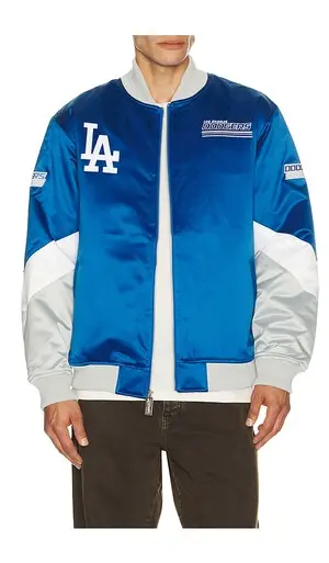 Mitchell & Ness Mlb Los Angeles Dodgers Triple Check Heavyweight Satin Jacket In Blue