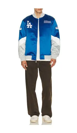 Mitchell & Ness Mlb Los Angeles Dodgers Triple Check Heavyweight Satin Jacket In Blue