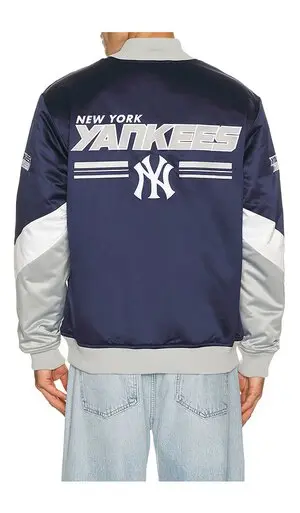 Mitchell & Ness Mlb New York Yankees Triple Check Heavyweight Satin Jacket In Blue - Navy
