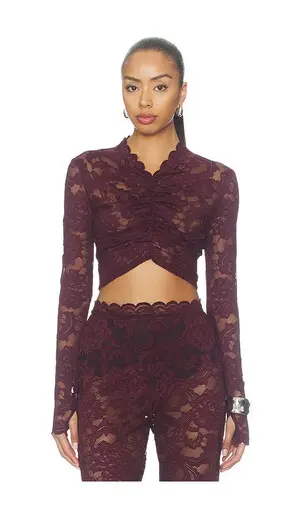 NOOKIE Delphine Lace Long Sleeve Crop Top In Burgundy