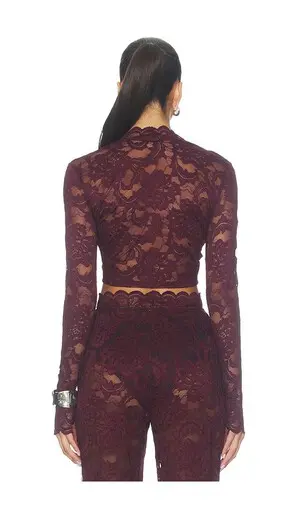NOOKIE Delphine Lace Long Sleeve Crop Top In Burgundy