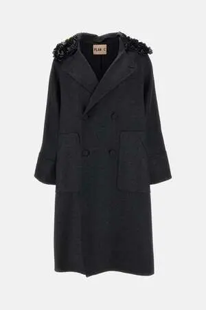 Plan C Cappotto Doppiopetto In Lana Melange Con Collo In Paillettes - Black