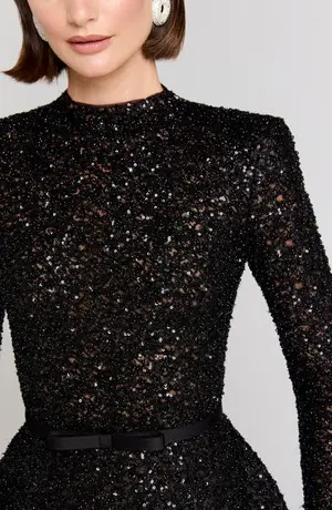NADINE MERABI Edie Long Sleeve Sequin Cocktail Dress