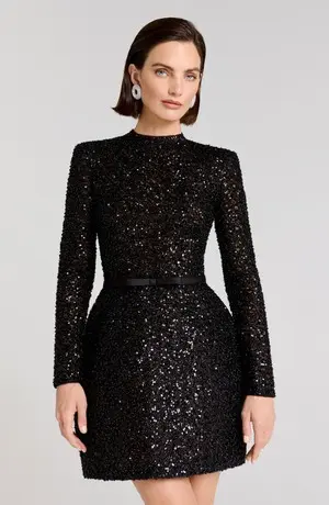 NADINE MERABI Edie Long Sleeve Sequin Cocktail Dress