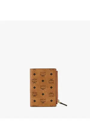 Mcm Bifold Zip Card Wallet In Visetos Original - Cognac
