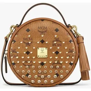 Mcm Pina Tambourine Crossbody In Gold Crystal Visetos - Cognac