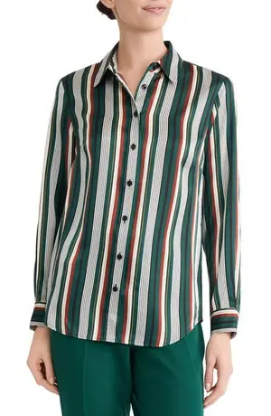 KASPER Striped Long Sleeve Button Down Shirt - Evergreen Multi