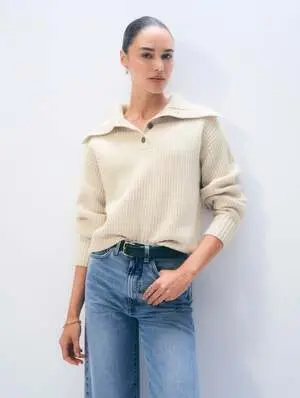 WHITE & WARREN Cashmere Blend Collared Henley Sweater In Size - Ivory