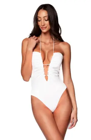 CHERINA  BEACHWEAR Cherina Beachwear Mia Ruched Plunge Neckline One-piece Swimsuit - White