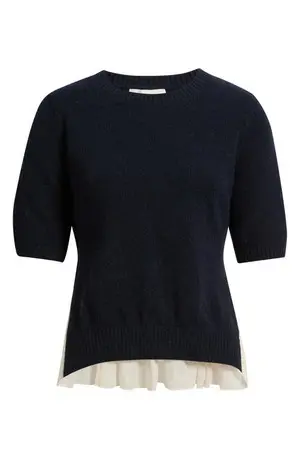 A.REN Liora Mixed Media Short Sleeve Sweater - Navy