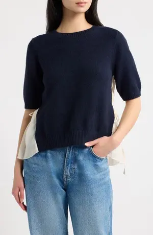 A.REN Liora Mixed Media Knit Top - Navy