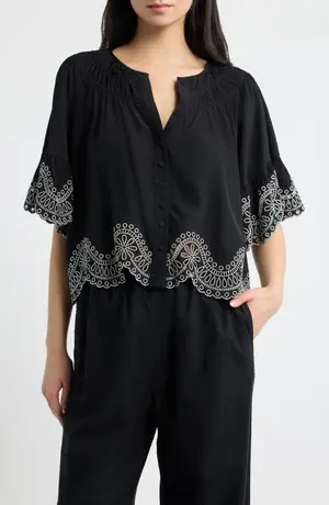 A.REN Isaly Embroidered Eyelet Blouse - Black