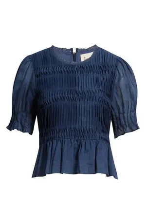 A.REN Brigette Smocked Peplum Top - Navy