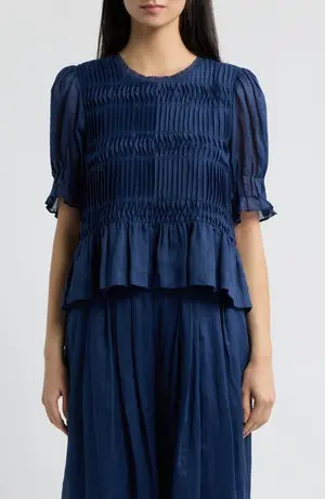 A.REN Brigette Smocked Peplum Top - Navy