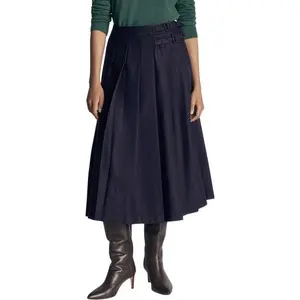 Boden Herringbone Pleated Wool Blend Midi Skirt - Navy Herringbone