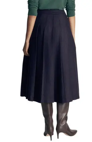 Boden Herringbone Pleated Wool Blend Midi Skirt