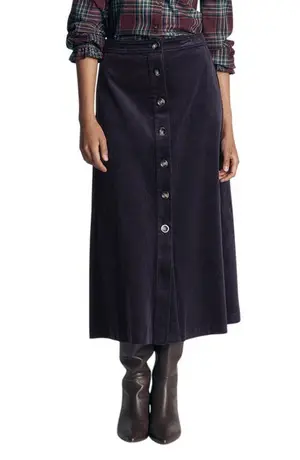 Boden Val Button Front Corduroy Midi Skirt - Navy