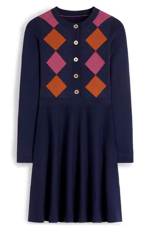 Boden Argyle Long Sleeve Jacquard Dress - Navy Argyle
