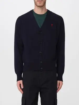 AMI Paris V-neck Wool Cardigan With Contrast Embroidered Logo - Marine