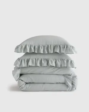 Quince European Linen Ruffle Duvet Cover Set - Mist