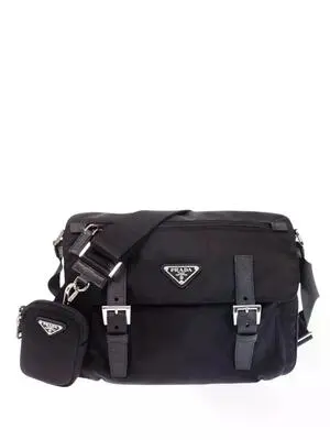 Prada 2013-2026 Saffiano Trimmed Re Nylon Double Buckle Messenger Bag Crossbody Bag - Black