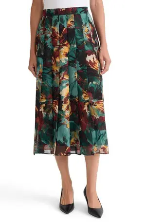 KASPER Pleated Floral Midi Skirt - Evergreen Multi
