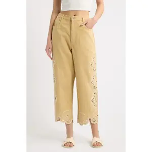 A.REN Jules Eyelet Embroidered Mid Rise Crop Straight Leg Pants - Camel