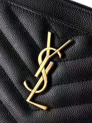 Saint Laurent Classic Monogram Zip Bill Matelasse Chevron Leather Large Pouch - Black
