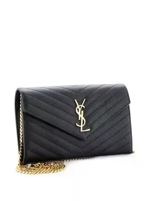 Saint Laurent Classic Monogram Wallet On Chain Matelasse Chevron Leather Medium Crossbody Bag - Black