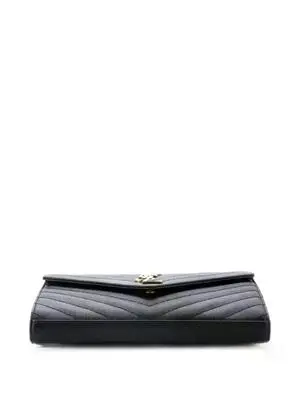 Saint Laurent Classic Monogram Wallet On Chain Matelasse Chevron Leather Medium Crossbody Bag - Black
