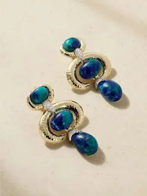 David Webb Double Crescent 18-karat Gold And Platinum, Diamond And Azurmalachite Earrings - Blue