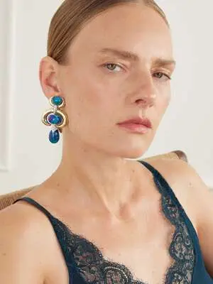 David Webb Double Crescent 18-karat Gold And Platinum, Diamond And Azurmalachite Earrings