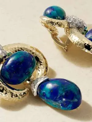 David Webb Double Crescent 18-karat Gold And Platinum, Diamond And Azurmalachite Earrings