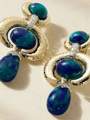 David Webb Double Crescent 18-karat Gold And Platinum, Diamond And Azurmalachite Earrings