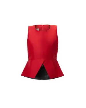RONDOOZ Hand Painted Satin Peplum Top With Hand Applied Embellishment - Red