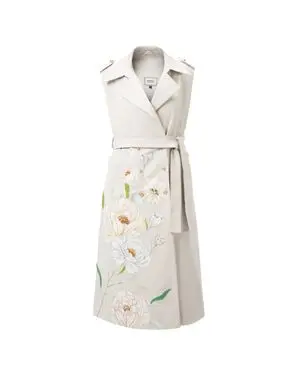 RONDOOZ Hand Painted Water Resistant Cotton Belted Midi Dress With Hand Applied Embellishment - White