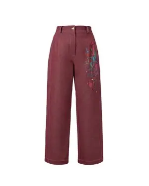 RONDOOZ Hand Painted Denim Straight Leg Trousers With Hand Applied Embellishment - Red