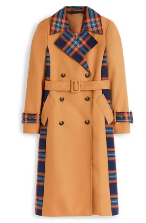 Boden Plaid Accent Double Breasted Cotton Trench Coat