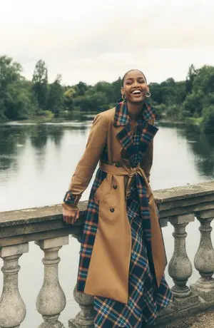 Boden Plaid Accent Double Breasted Cotton Trench Coat