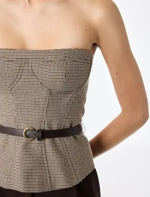 Koton Strapless Houndstooth Corset Top With Belt