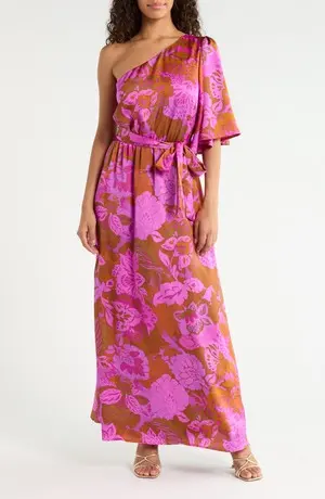 SUGARLIPS Lorian Floral Meara One-shoulder Maxi Dress - Rust-magenta