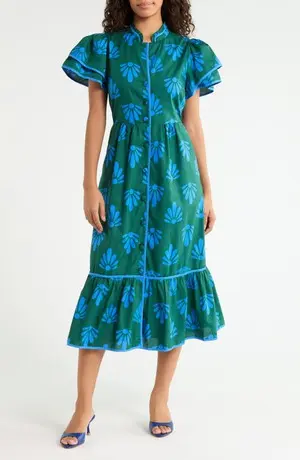 SUGARLIPS Davie Floral Print Midi Dress - Emerald-multi