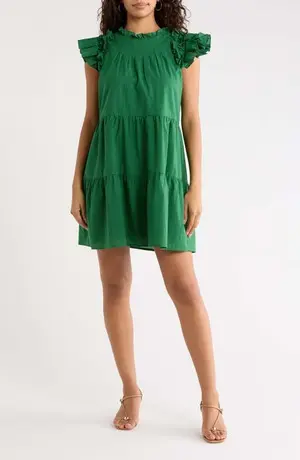 SUGARLIPS Lauren Tiered Cotton Shift Minidress - Emerald