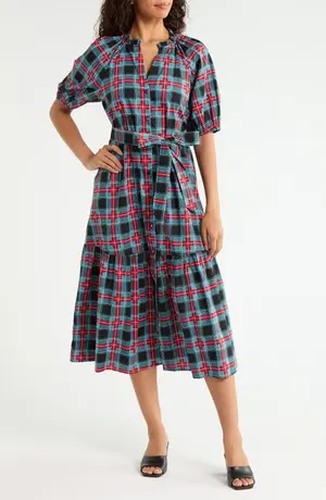 SUGARLIPS Wynette Plaid Tiered Cotton Midi Shirtdress - Multi-plaid