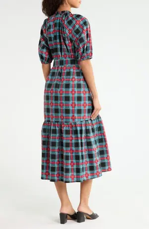 SUGARLIPS Wynette Plaid Tiered Cotton Midi Shirtdress