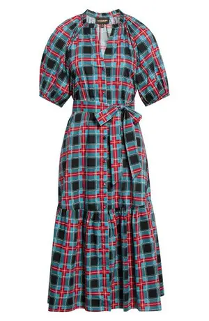 SUGARLIPS Wynette Plaid Tiered Cotton Midi Shirtdress